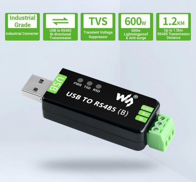 WaveShare USB TO RS485 (B) 産業用USB-RS485双方向変換器【CH343G搭載,保護回路付】
